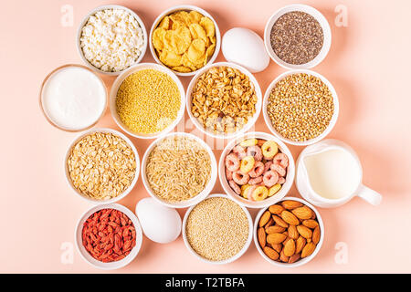 Ingredients for healthy breakfast - cereals, grains, dairy products ...