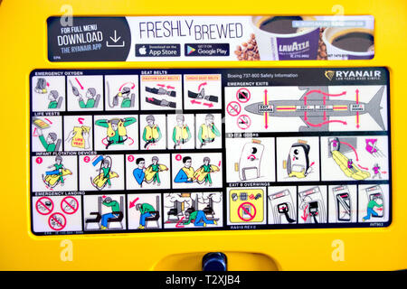 Ryanair aeroplane airplane safety information card printed on the back ...