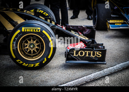 Lotus F1 cars the Lotus 72 and the Lotus E23 hybrid are parked outside ...