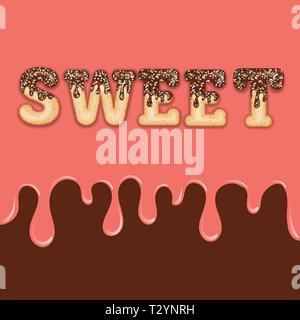 Tempting typography. Icing text. Word "sweet" glazed with chocolate and ...