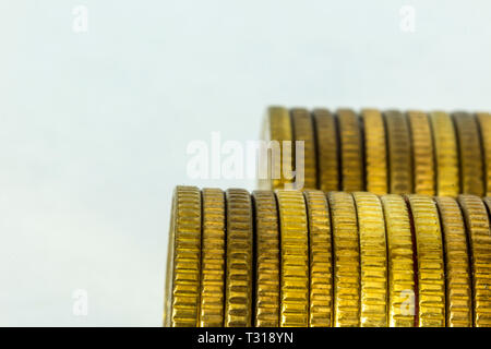 Close up two sides of golden bitcoin physical coin isolated on white ...