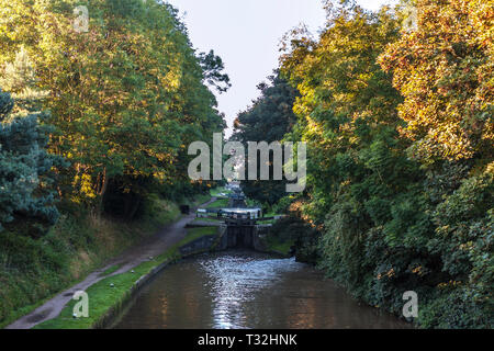 Looking up the famous Audlem Lock Flight on the Shropshire Union Canal ...