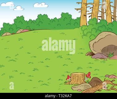 Vector Cartoon Illustration of a forest clearing scene with felled ...