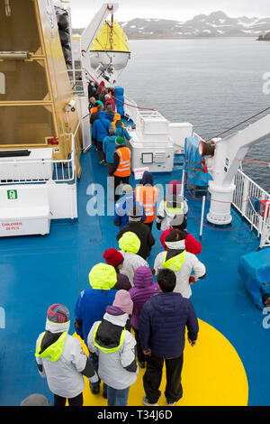 Lifeboat safety drill on a cruise ship in the port of New York City ...