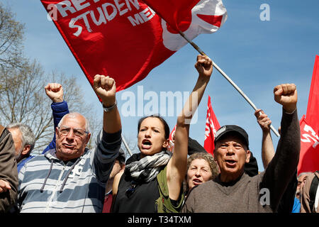 Raised fists Rome April 6th 2019. Counterdemonstration of activists ...
