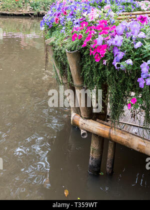 Bamboo bridge with the flower row on the pond of the botanical garden ...