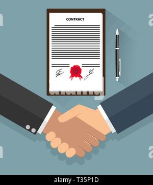 Two cartoon Businessman handshake on mou memorandum of understanding ...