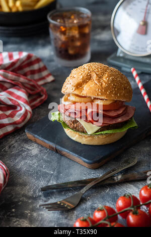Front view burger fries table Stock Photo - Alamy