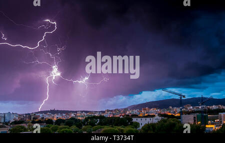 Lightning storm over city, Palma, Majorca, Balearic Islands, Spain ...