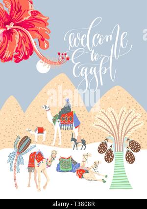 Travel concept. Welcome to Egypt poster. Ancient Egyptian symbols and ...