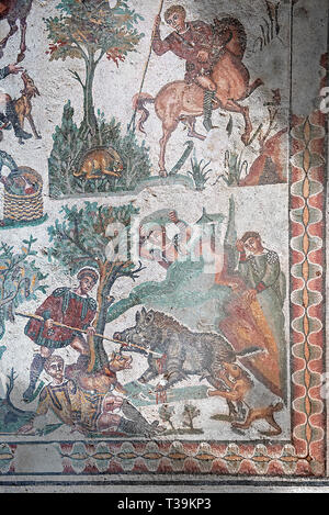 Hunters hunting. Roman mosaic floor of the Room of The Small Hunt, no ...