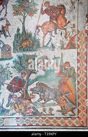 Hunters with a wild boar. Roman mosaic floor of the Room of The Small ...