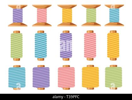 Color thread spools set vector illustration of sewing tools. Red, yellow or orange and green ...