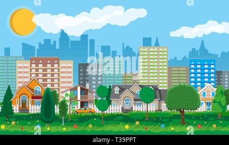 Big city and suburbs background. Suburban architecture, big city and ...