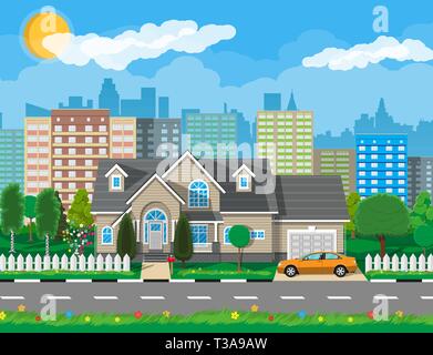 Big city and suburbs background. Suburban architecture, big city and ...