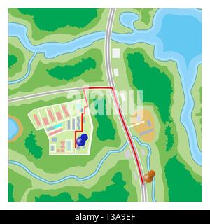 Abstract generic suburban city map with roads, parks, river, lake. GPS ...