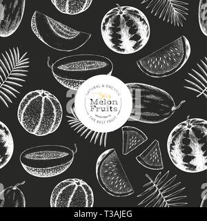Melons with tropical leaves seamless pattern. Hand drawn vector exotic ...