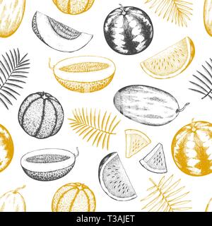 Melons with tropical leaves seamless pattern. Hand drawn vector exotic ...