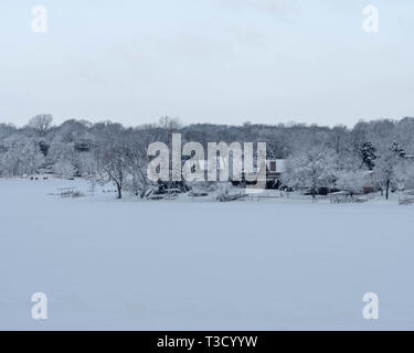 Landscape with Christmas Tree Lake and evergreen forest at sunset ...