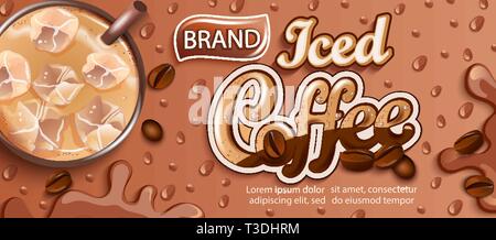 Label of iced coffee with iced cubes and coffee beans on tropical ...