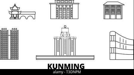 China, Kunming architecture line skyline illustration. Linear vector ...