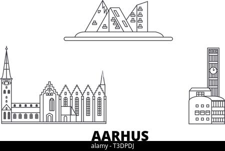 Denmark, Aarhus city skyline isolated vector illustration. Denmark, Aarhus travel cityscape with ...