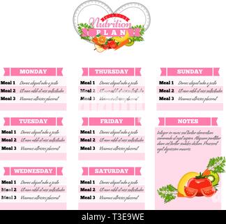 Healthy diet planning. Healthy food and weekly meal plan schedule. Dietic timetable. Vector ...