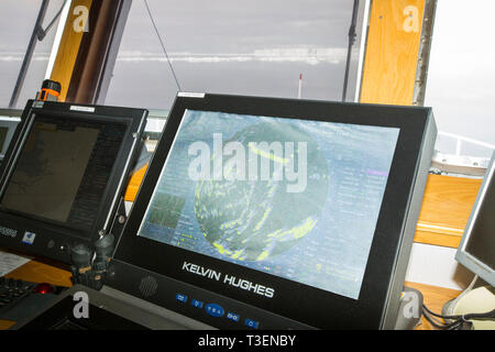 A radar on an Antarctic cruise ship ashowing heavy sea ice and icebergs ...