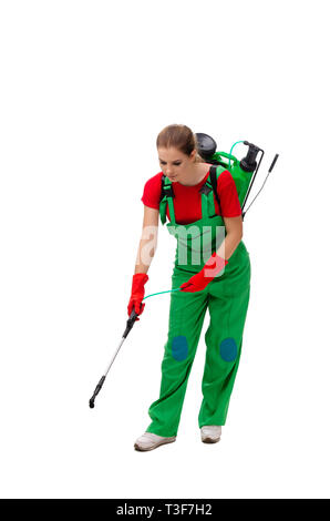 Female pest control contractor isolated on white Stock Photo - Alamy