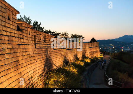 Night view of Hanyangdoseong, a fortress wall in Seoul city in Korea ...