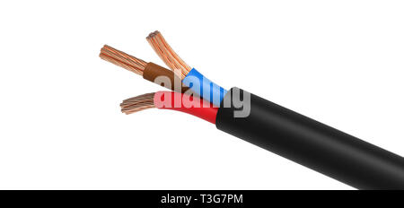 electric wire with three cables on a white background Stock Photo - Alamy