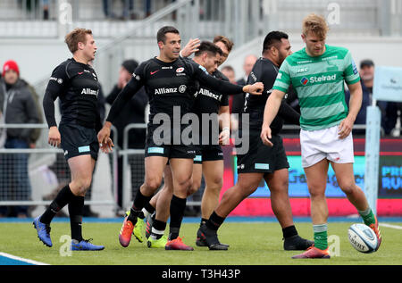Saracens' Alex Lozowski celebrates after scoring a try with Ivan Van ...
