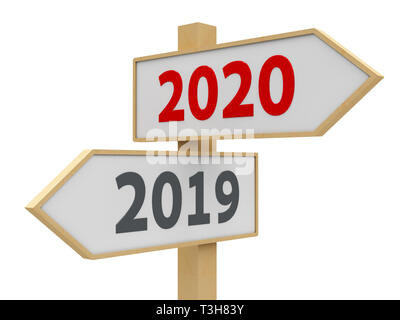 Road sign with 2019-2020 change on white background represents the new 2020 year, three ...