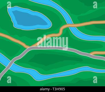 Abstract generic suburban city map with roads, buildings, parks, river ...