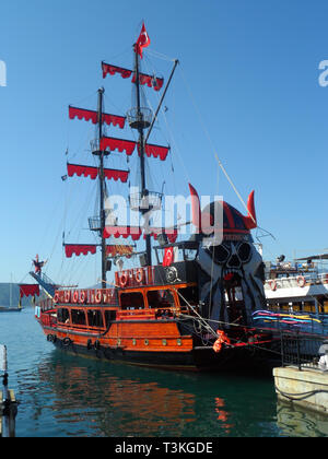 A Turkish gulet decked out as a pirate ship for tourist day trips ...