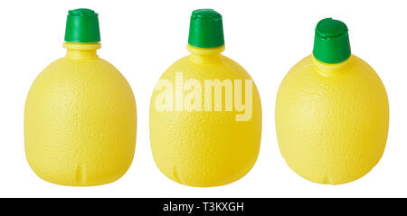 Yellow plastic bottle with concentrated lemon juice isolated on white ...