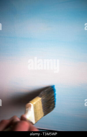 Artist brush, paint and canvas on pink background, closeup Stock Photo ...