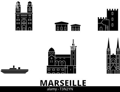 Marseille France City Skyline Black and White Silhouette. Vector ...
