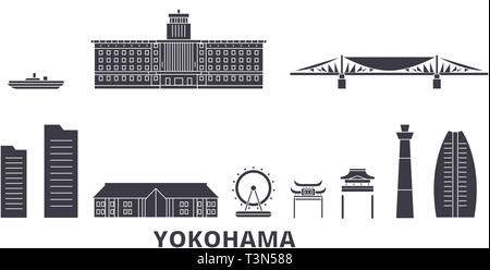 Japan, Yokohama tourism landmarks, vector city travel illustration ...
