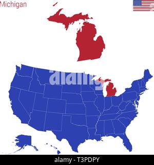 US State Michigan map highlighted in Michigan flag colors and pin of ...