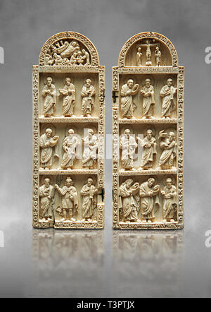 Medieval Christian ivory diptych depicting the Nativity, the crucifixion and the Profits ...