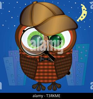 owl detective with a magnifying glass. vector cartoon illustration ...