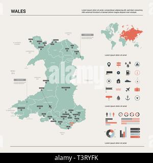 Wales vector map. Editable template with regions, cities, red pins and ...