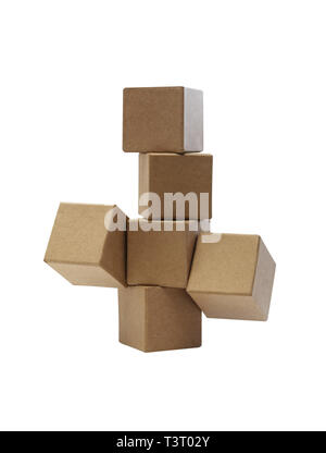 Set of brown cardboard cubes isolated on white background with clipping ...