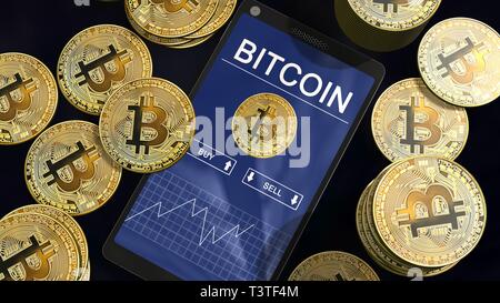Smartphone with Bitcoin chart on-screen among piles of golden Bitcoins ...