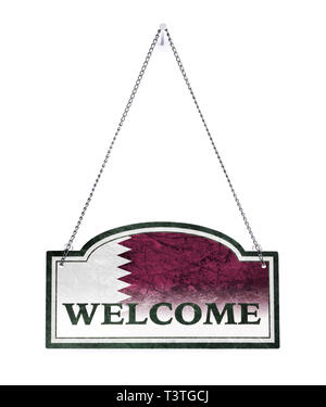 Qatar welcomes you! Old metal sign isolated Stock Photo - Alamy