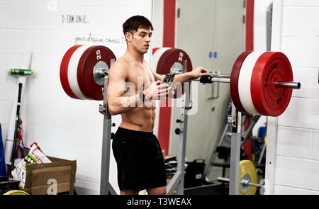 Tom Daley working out in the gym at the Aquatics centre at the Queen ...