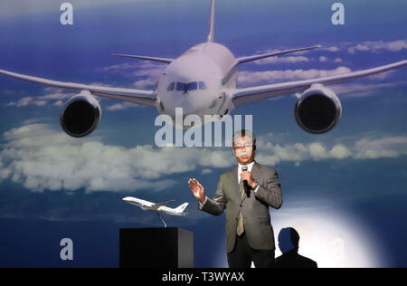 Tokyo, Japan. 11th Apr, 2019. Shingo Nishida (C), president of Japan's ...