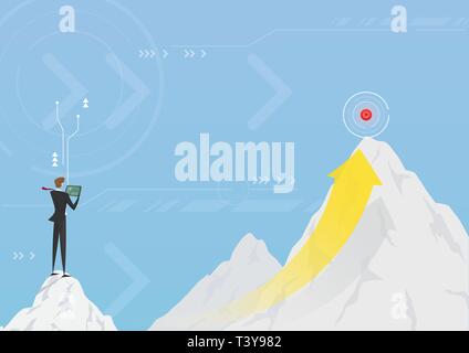 Businessman use high technology to plan for climbing to the peak of ...