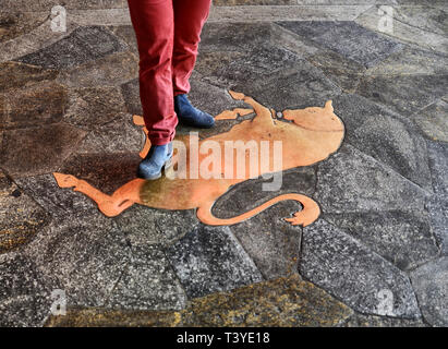 Turin city symbol - the rampant bull. In brass in the stone pavement ...